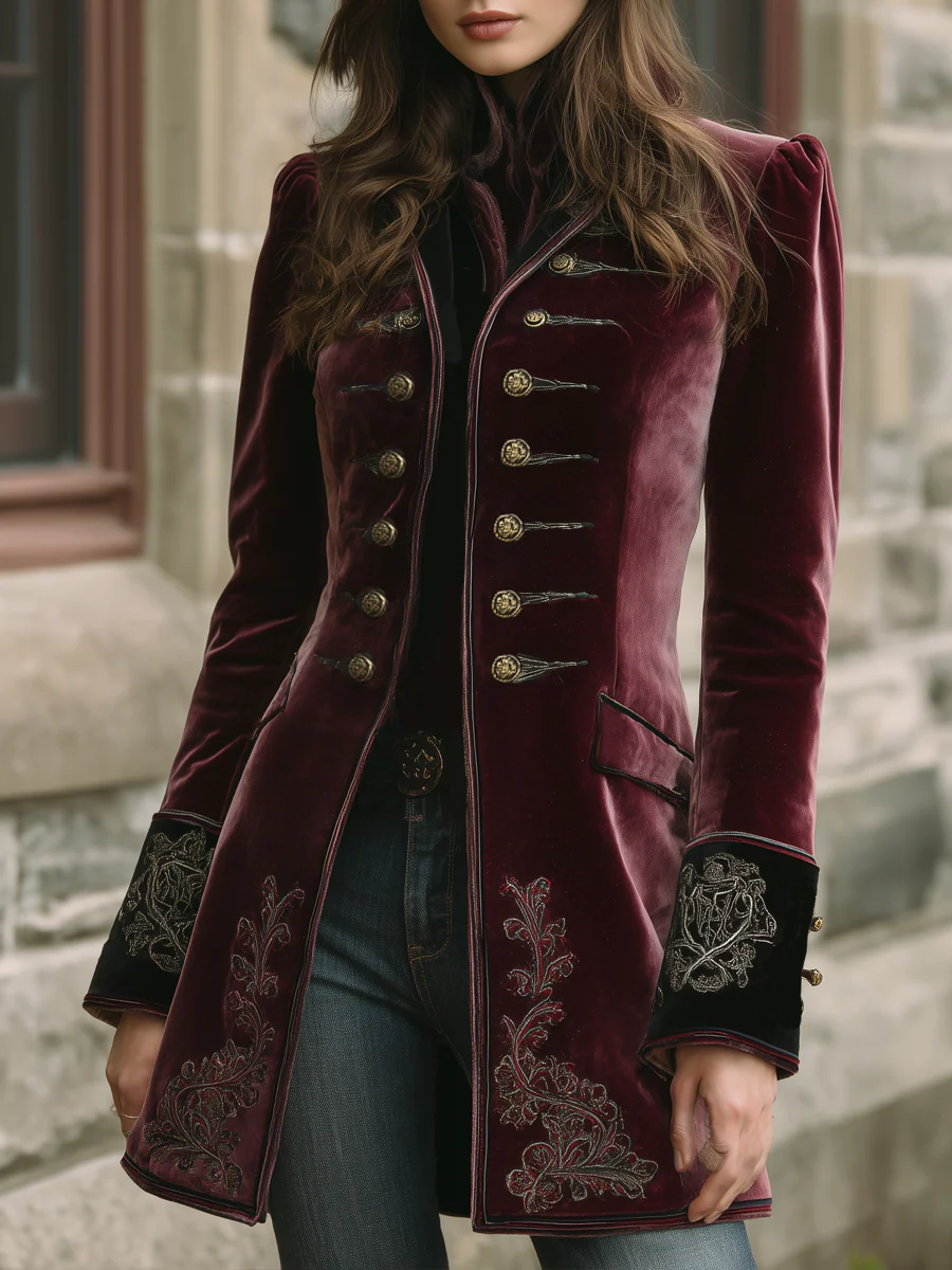 Vintage Contrast Trim Embroidered Velvet Coat – Futario