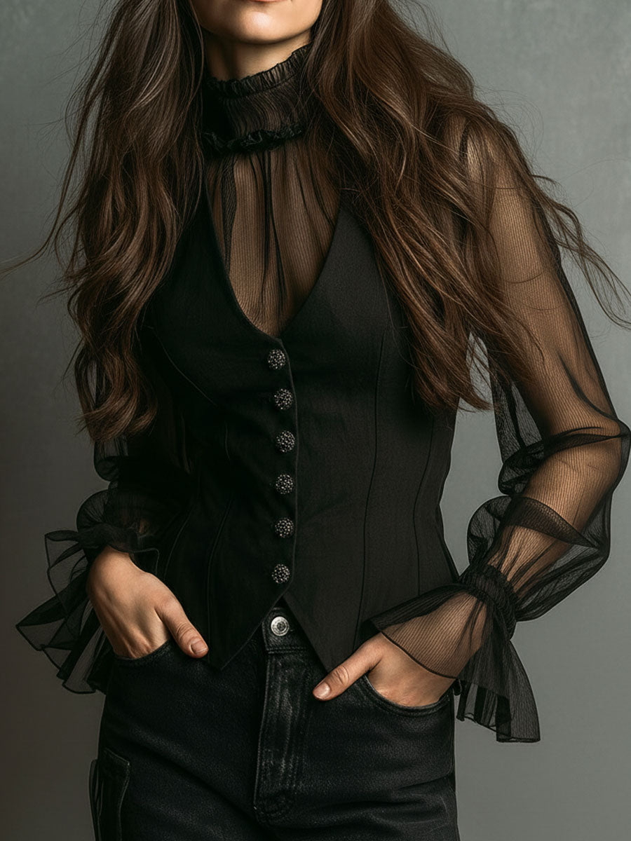 Black Sheer Turtleneck Ruffled Sleeve Corset Top with Crystal Buttons ...