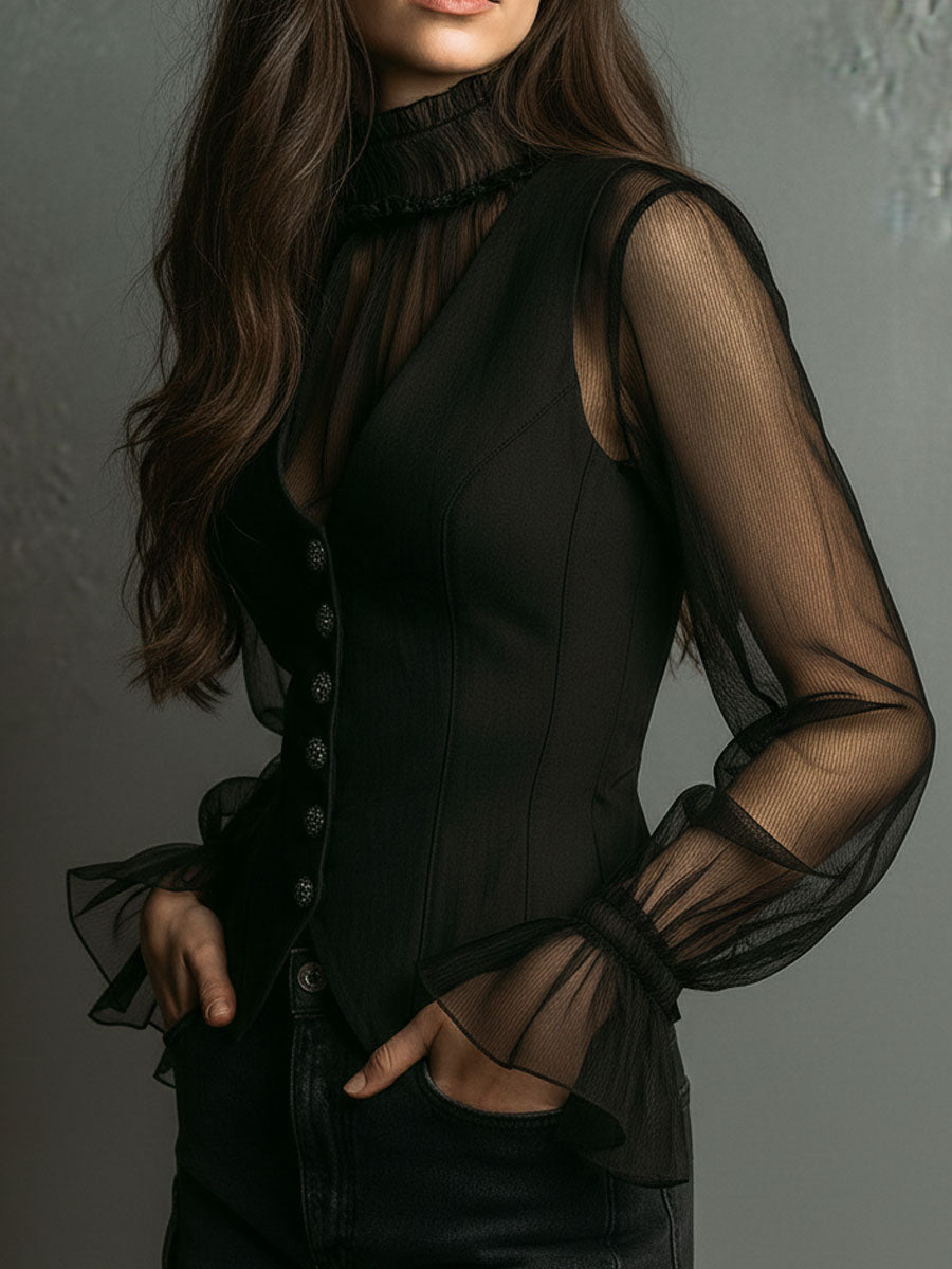 Black Sheer Turtleneck Ruffled Sleeve Corset Top with Crystal Buttons ...