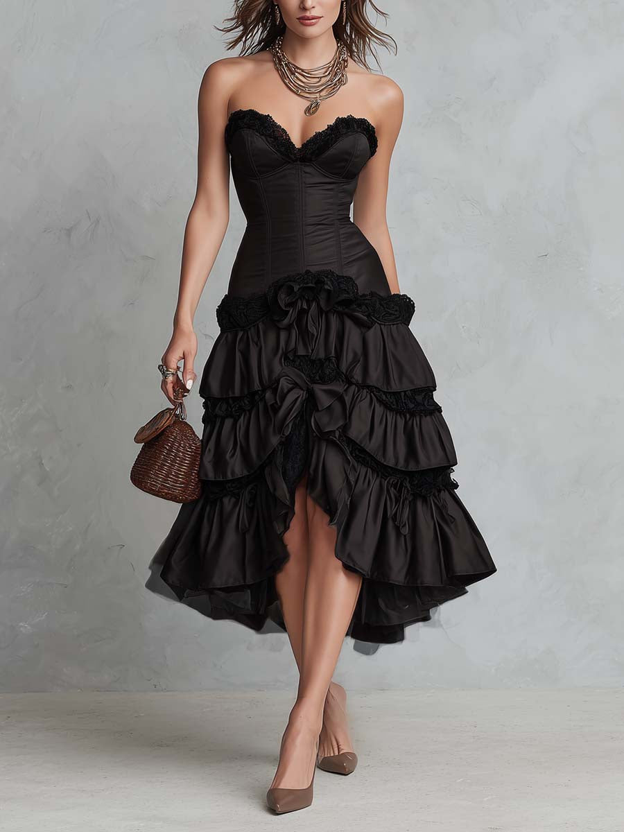 Elegant Vintage Boho Ruffle Corset Midi Dress – Futario