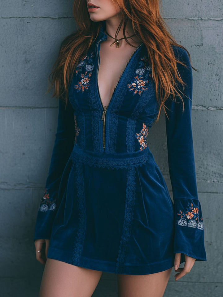 Boho Blue Velvet Zipper Front Embroidered Lace Mini Dress | Futario