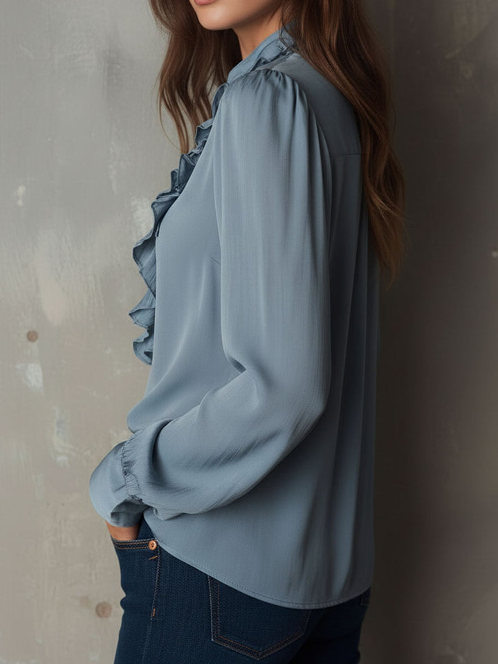 Dusty Blue Ruffle Front V-Neck Button Chiffon Blouse – Futario