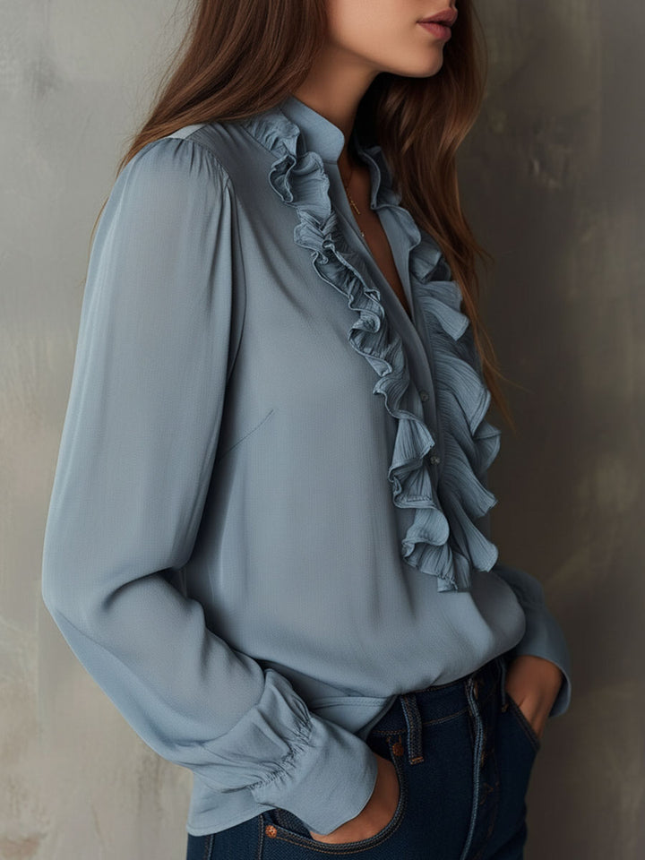 Dusty Blue Ruffle Front V-Neck Button Chiffon Blouse – Futario
