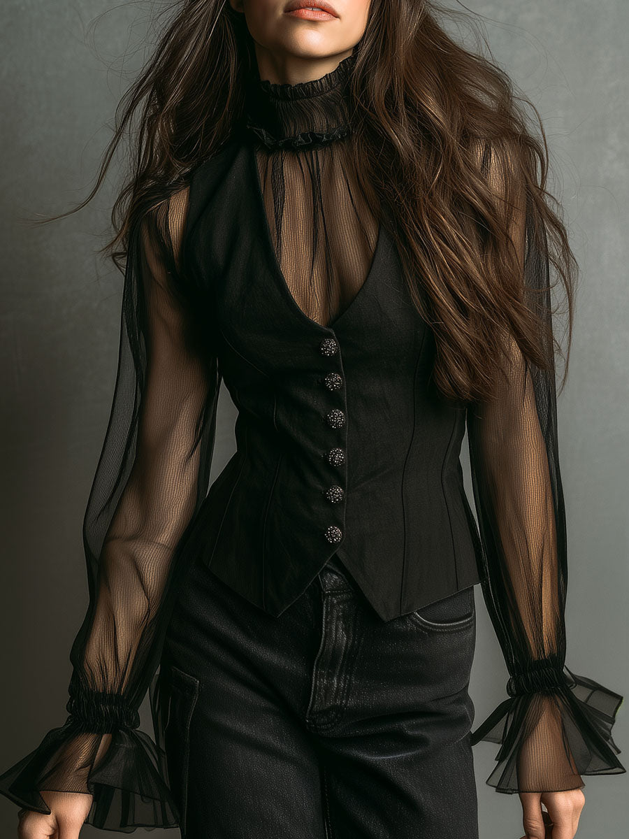 Black Sheer Turtleneck Ruffled Sleeve Corset Top with Crystal Buttons ...