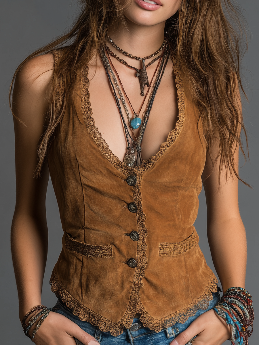 Vintage Lace Trim Distressed Vest – Futario