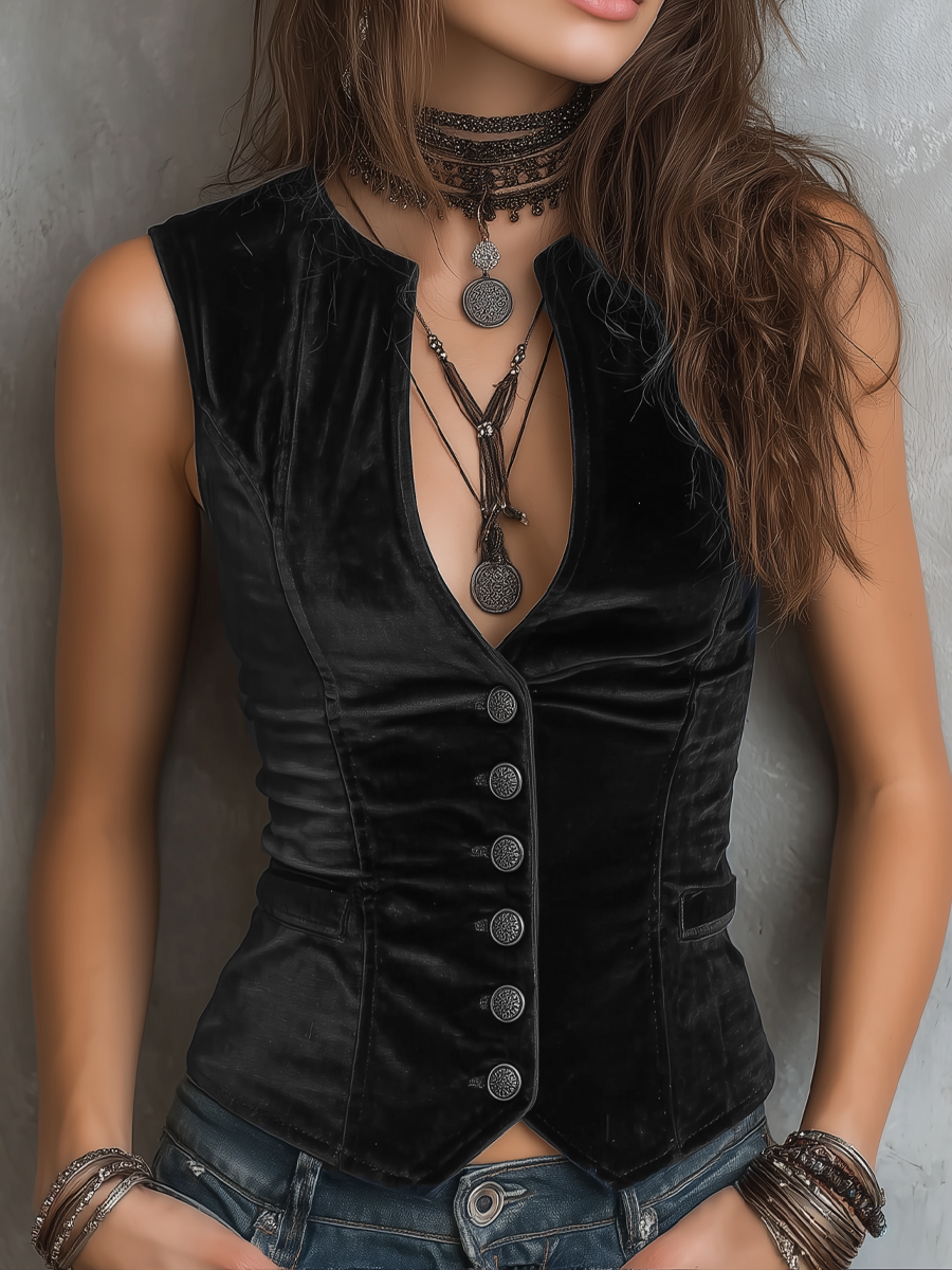Vintage V-Neck Velvet Vest for Women – Bohemian Style| Futario